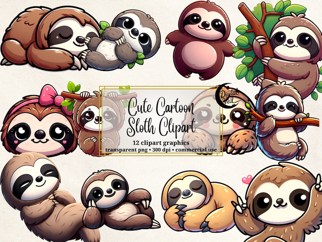 Cute Sloth Clipart Set, 12 Pngs, Cartoon Sloth Graphics, Digital ...