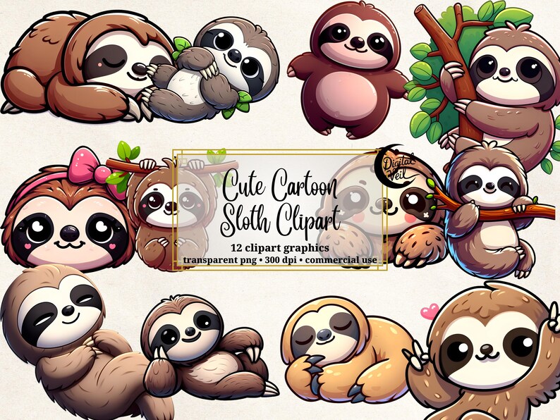 Cute Sloth Clipart Set, 12 Pngs, Cartoon Sloth Graphics, Digital ...