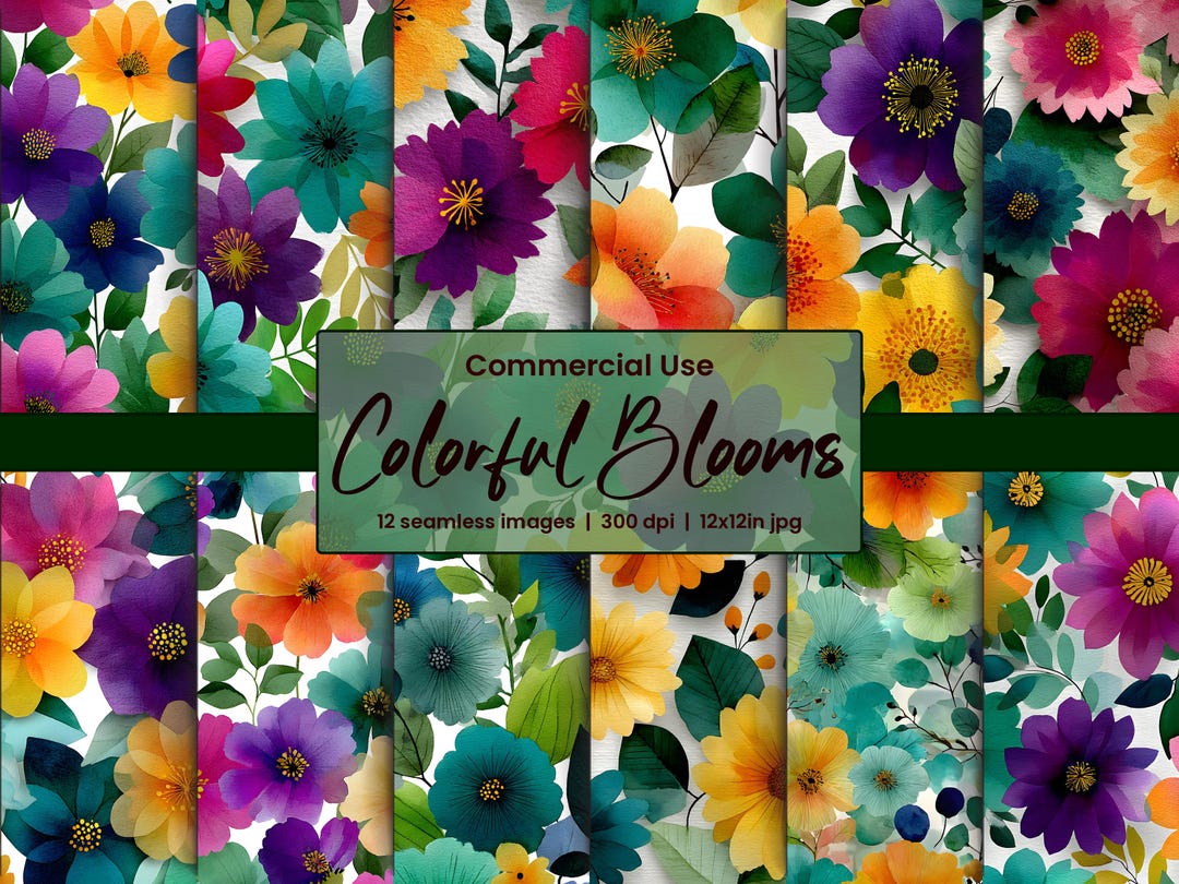 Floral Digital Paper Pack Commercial Use Colorful Blooms Watercolor ...