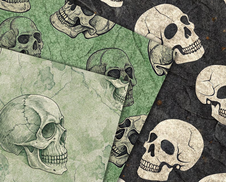Green Skull Seamless Pattern: Vintage Gothic Digital Paper (12x12 Jpgs ...