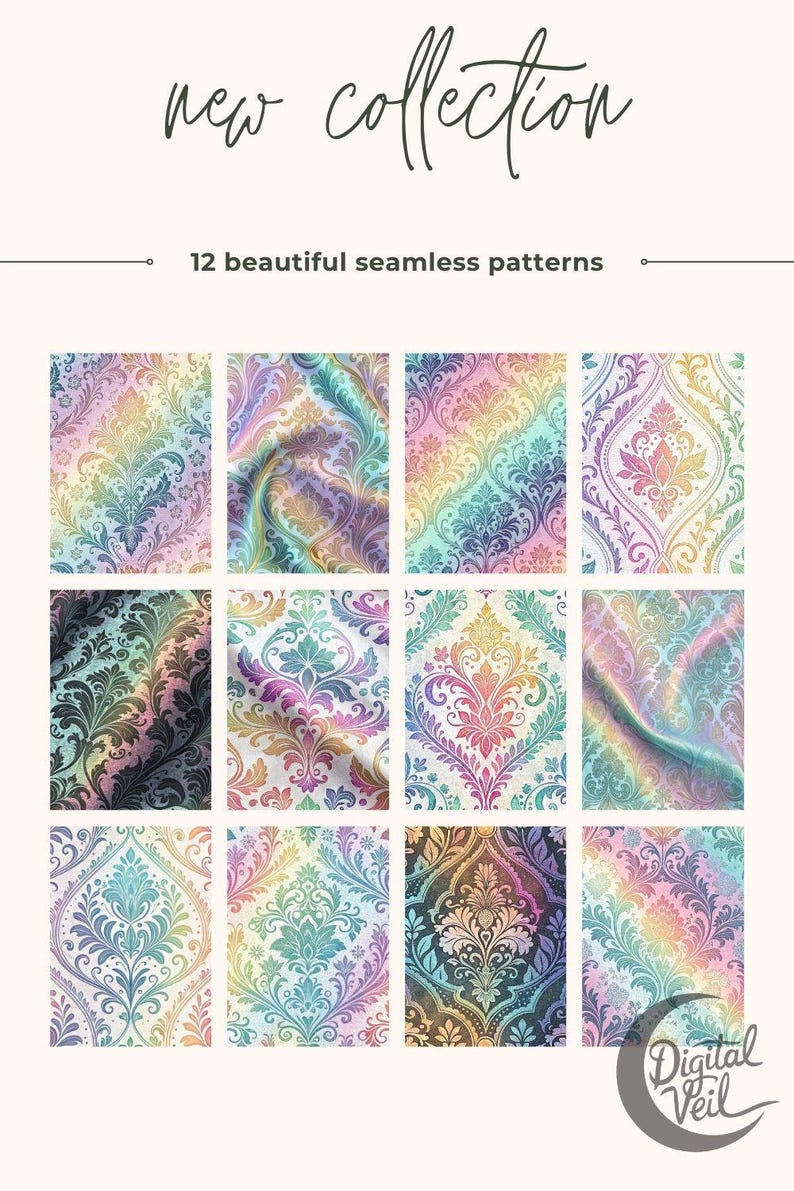 Holographic Rainbow Damask Digital Paper: Seamless Wedding Design ...