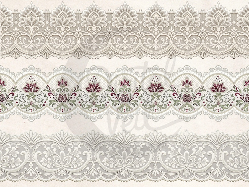 Seamless White Lace Border Clipart Bundle – Vintage Floral Embroidery ...