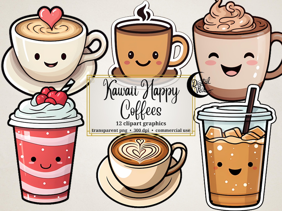 Kawaii Coffee Clipart Bundle Cute Coffee Pngs for Sublimation, Stickers ...