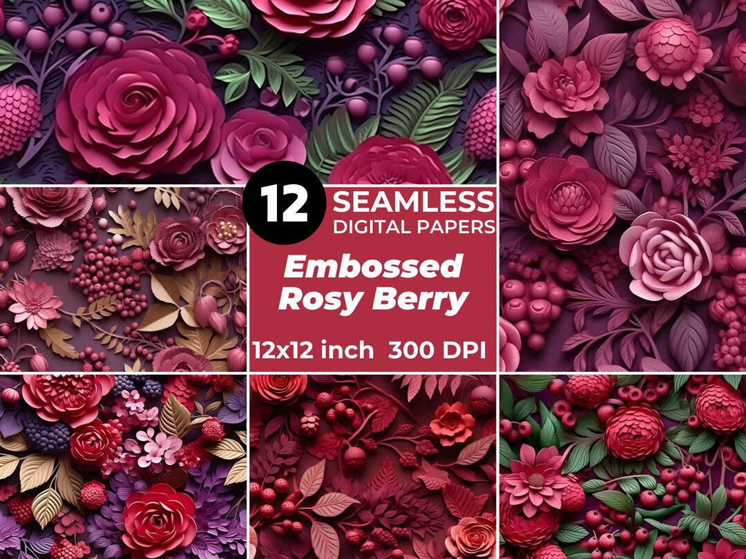 Set of 12 Rosy Berry Floral Embossed Paper Style Seamless Patterns ...