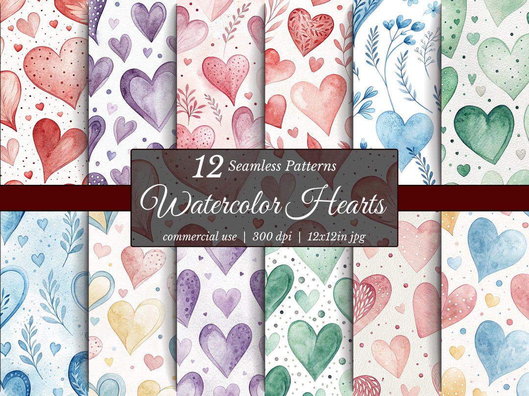 Watercolor Hearts Seamless Patterns: Valentine's Day Digital Paper (12 ...