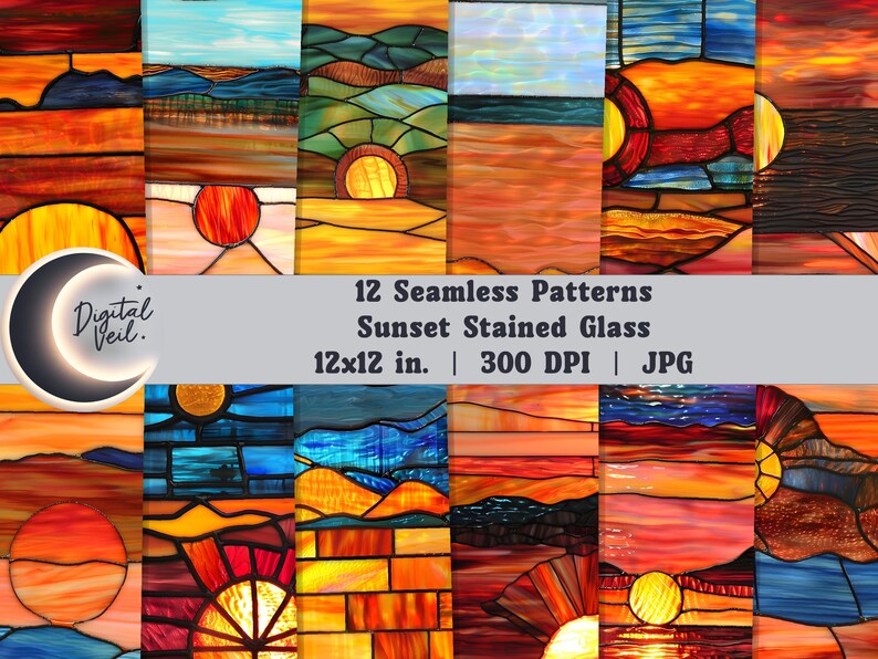 12 Sunset Stained Glass Seamless Patterns 12x12 Inch Digital Jpgs, High ...