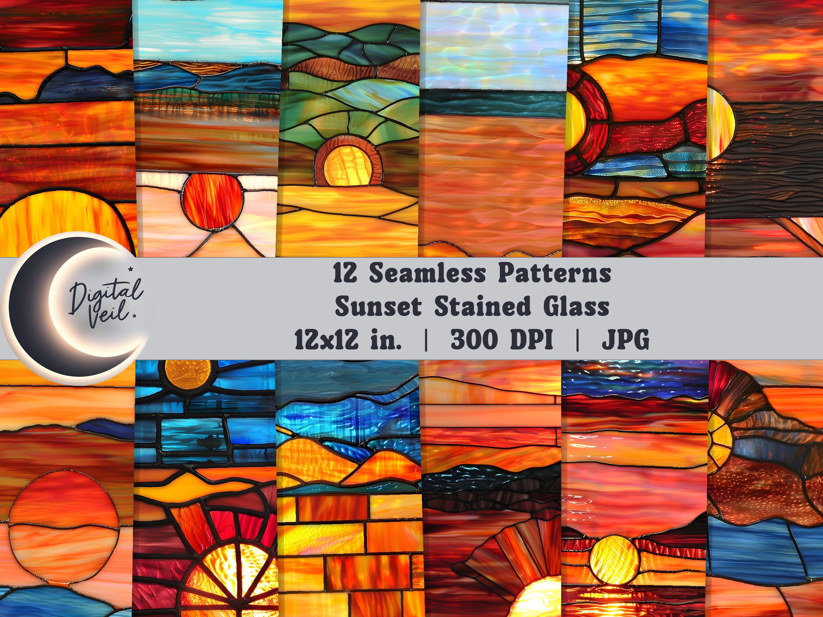 12 Sunset Stained Glass Seamless Patterns – 12x12 Inch Digital Jpgs ...