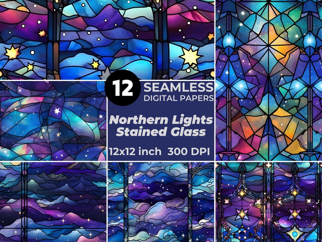 Seamless Northern Lights Stained Glass Patterns Bundle of 12 Digital ...