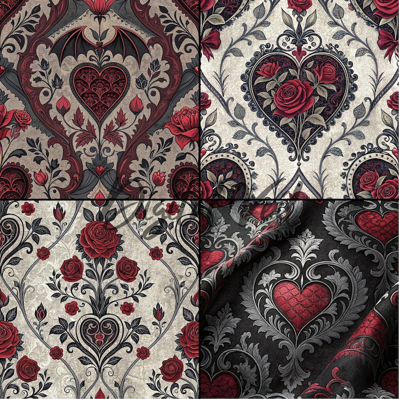 Gothic Valentine Digital Paper Dark Baroquism Pattern Pack Skull Rose ...
