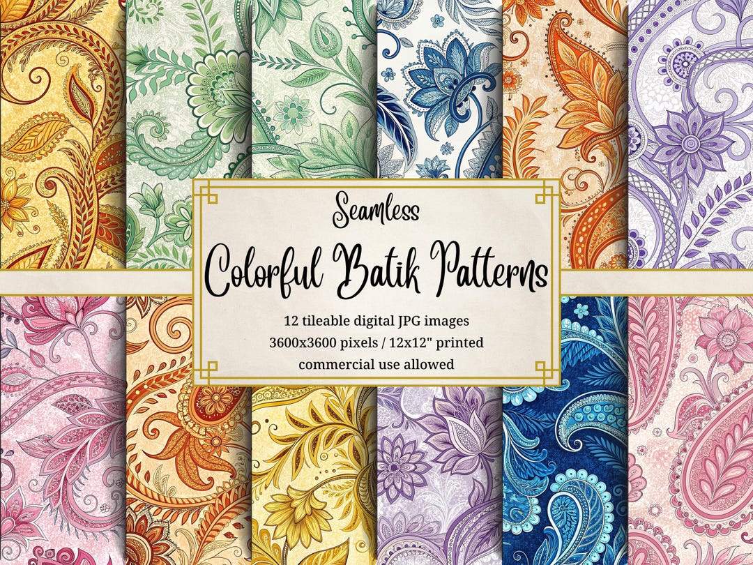 Colorful Batik Digital Paper Seamless Patterns, Paisley Floral Print ...