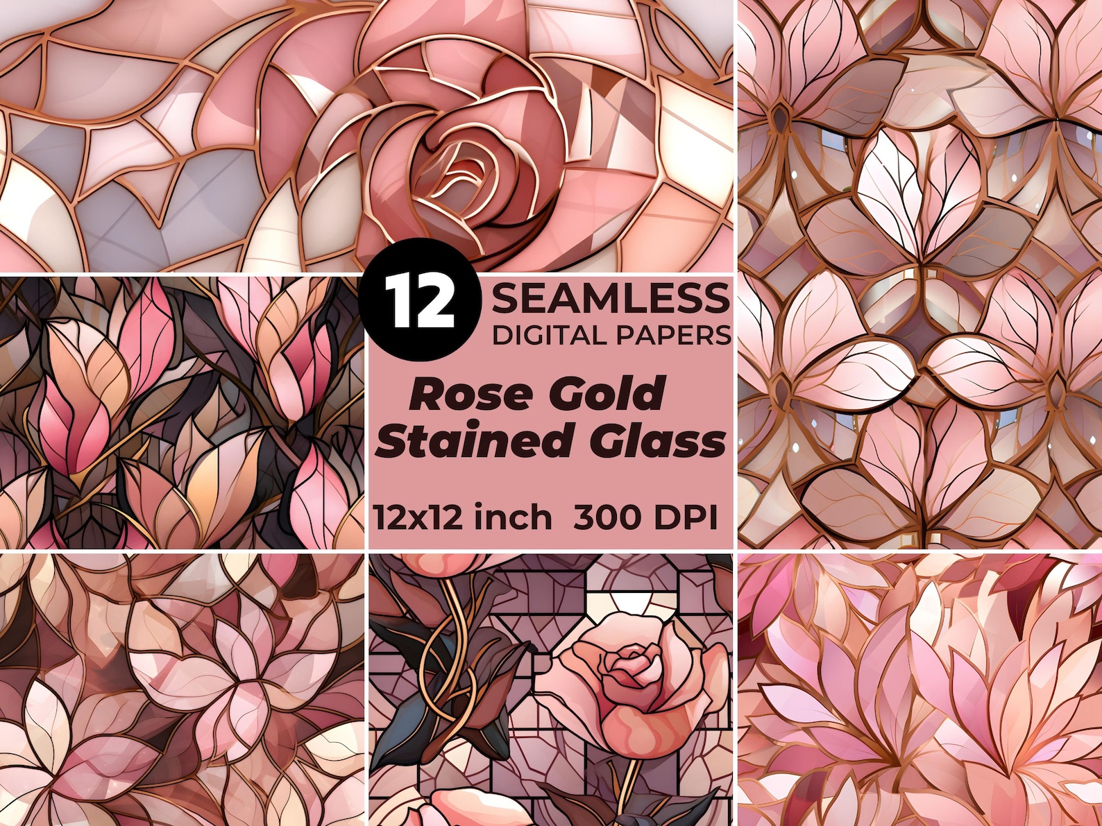 Beautiful Rose Gold Stained Glass Seamless Patterns 12 Digital Papers ...