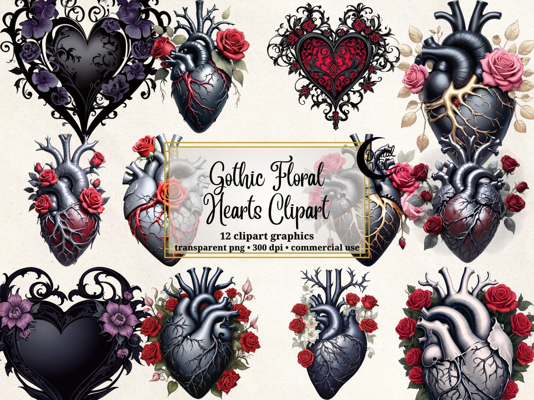 Gothic Anatomical Heart Clipart: Dark Romance Rose Illustrations (PNG ...