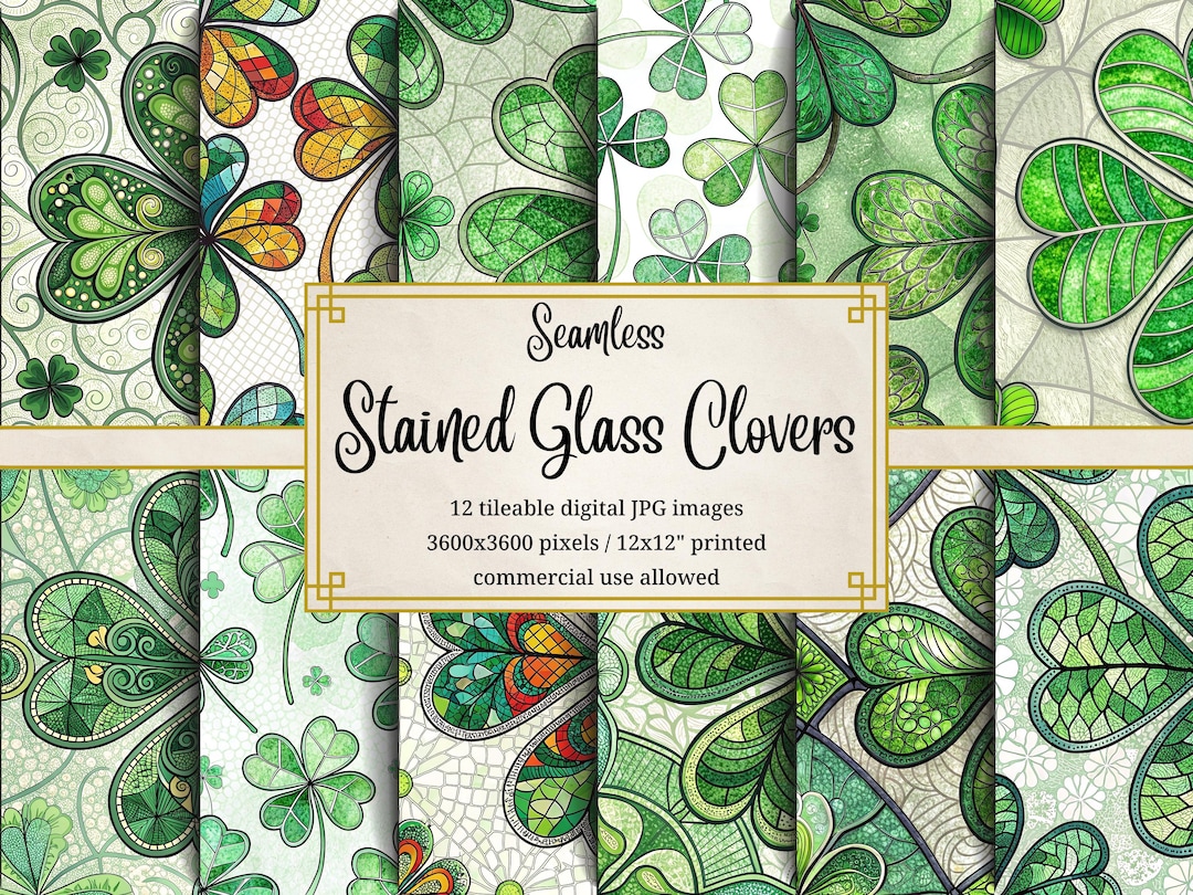 St Patricks Day Digital Paper Stained Glass Shamrock Pattern Irish ...