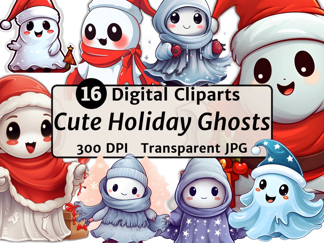 Cute Christmas Holiday Ghosts Clipart Bundle, Christmas Kawaii Digital ...