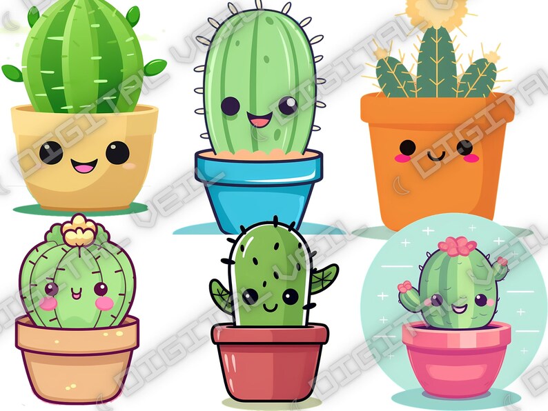 Clipart Set Kawaii Cacti 12 Adorable and Cute Digital Cactus Sticker ...
