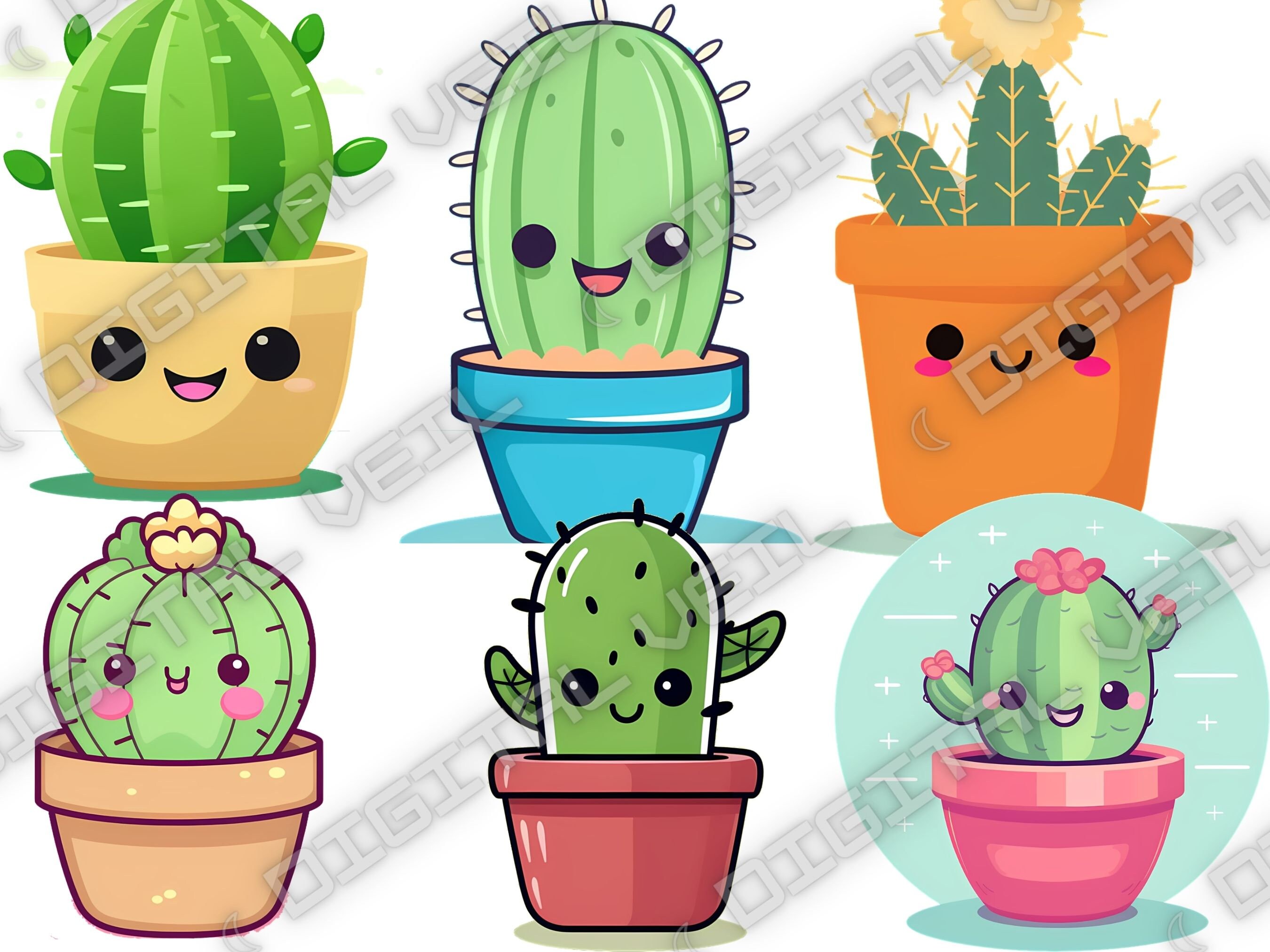 Clipart Set Kawaii Cacti 12 Adorable and Cute Digital Cactus Sticker ...