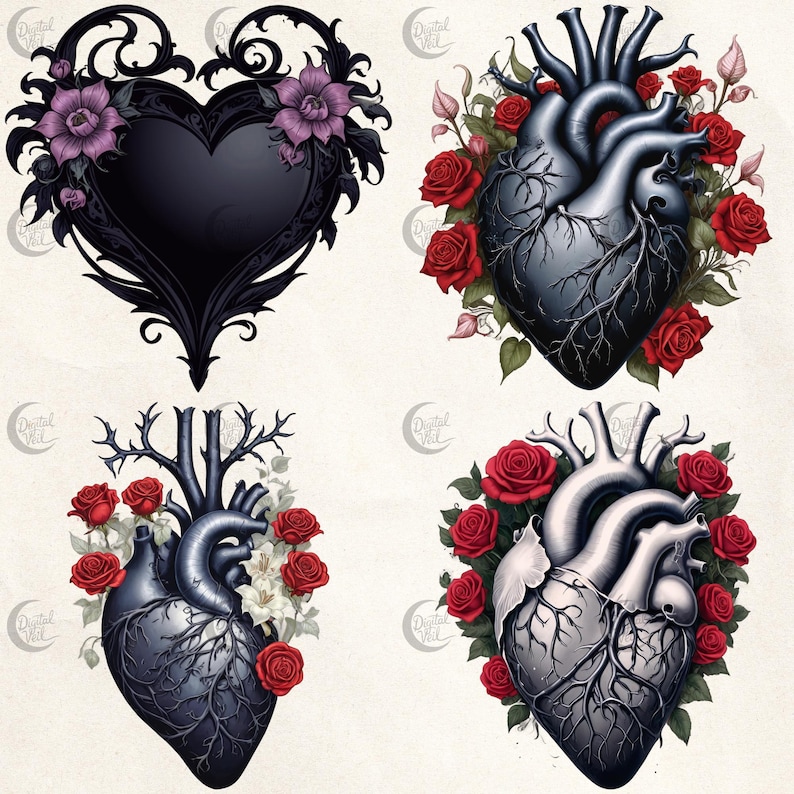 Gothic Anatomical Heart Clipart: Dark Romance Rose Illustrations (PNG ...