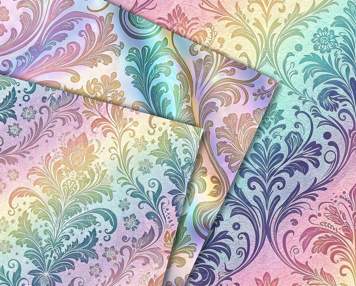 Holographic Rainbow Damask Digital Paper: Seamless Wedding Design ...