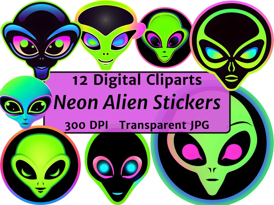 Neon Alien Clipart Stickers Aliens Neon Digital Stickers Set of 16 ...
