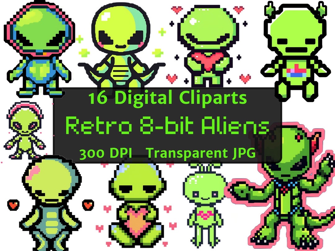 Retro 8-bit Alien Digital Stickers Nostalgic Extraterrestrial Pixel Art ...