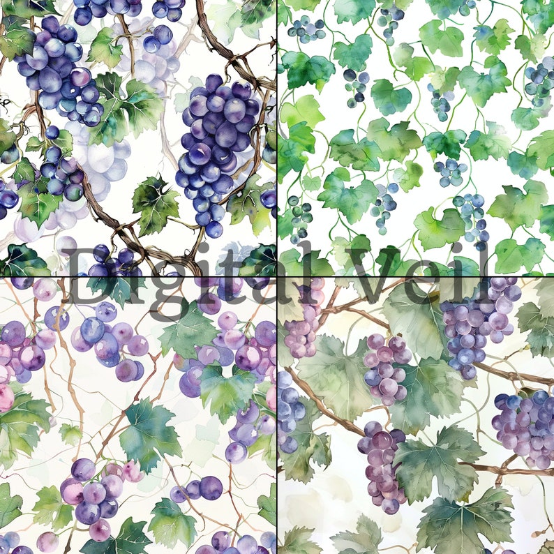 Purple Grape Cluster Illustration Set, 12 Seamless Grape Pattern Images ...