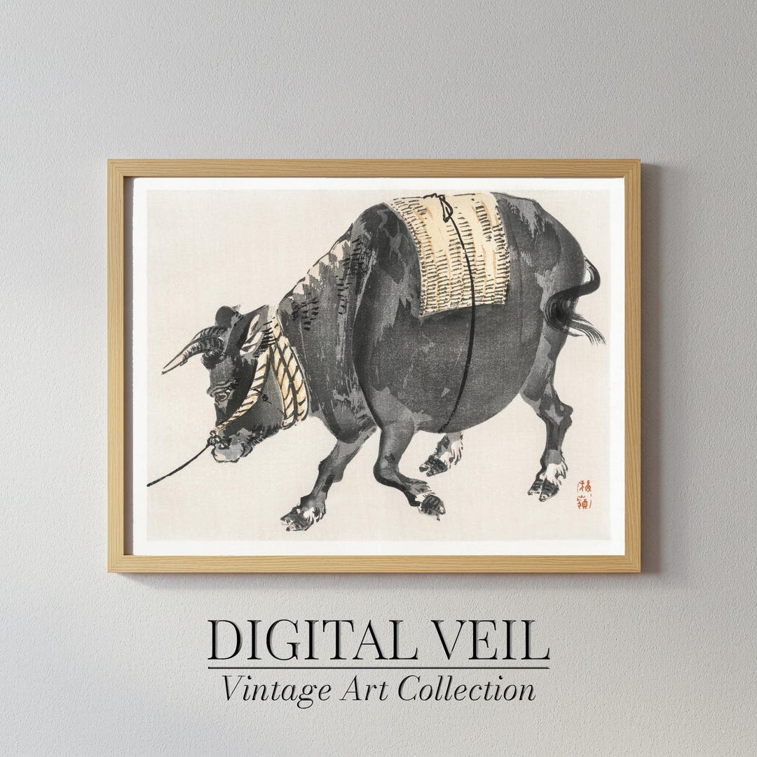 Vintage Japanese Bull Art Print: Kono Bairei Animal Illustration ...