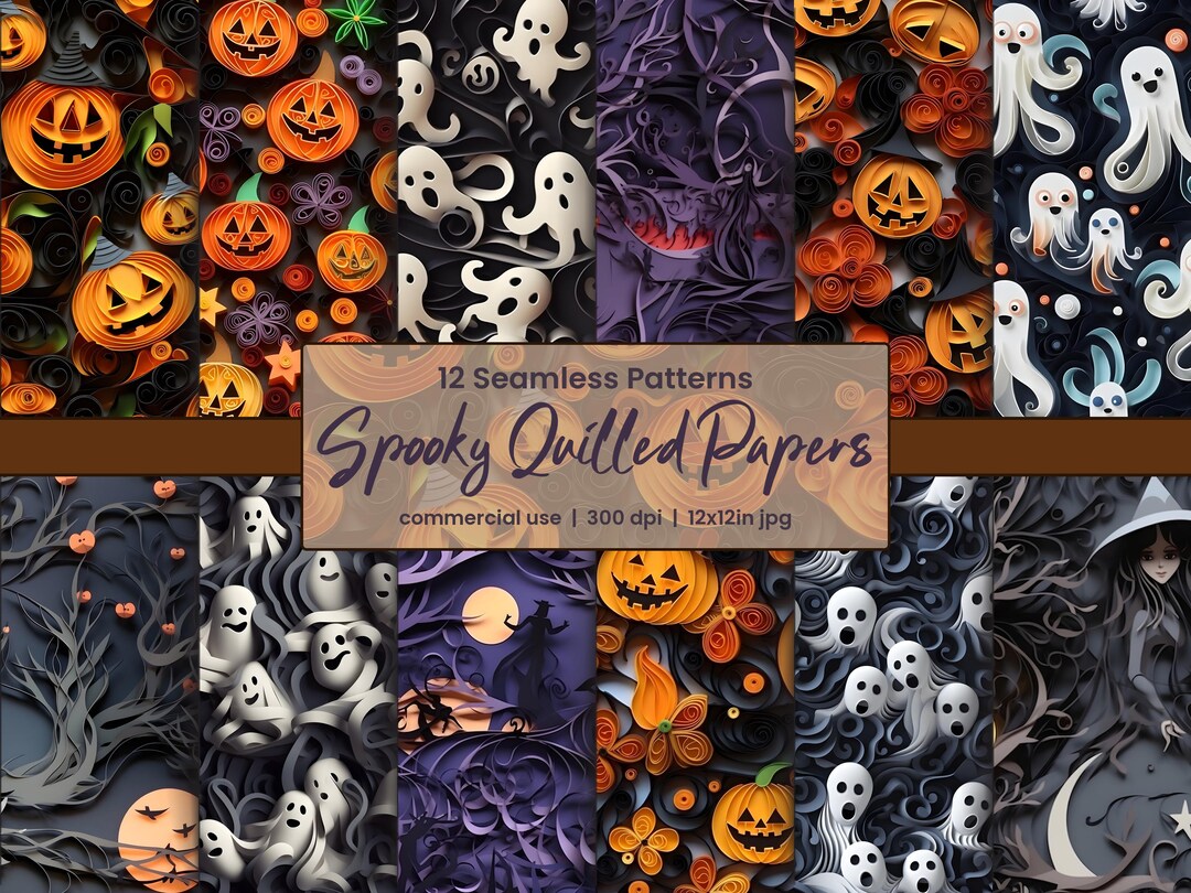 Halloween Digital Paper Spooky Quilled Seamless Patterns, Ghost Pumpkin ...