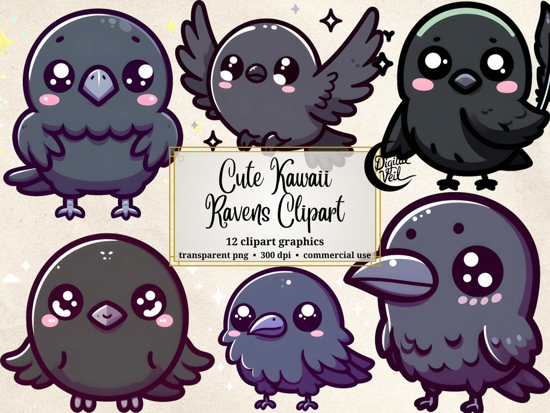 Kawaii Ravens Clipart, High-quality Digital and Print 12 Crow Cliparts ...