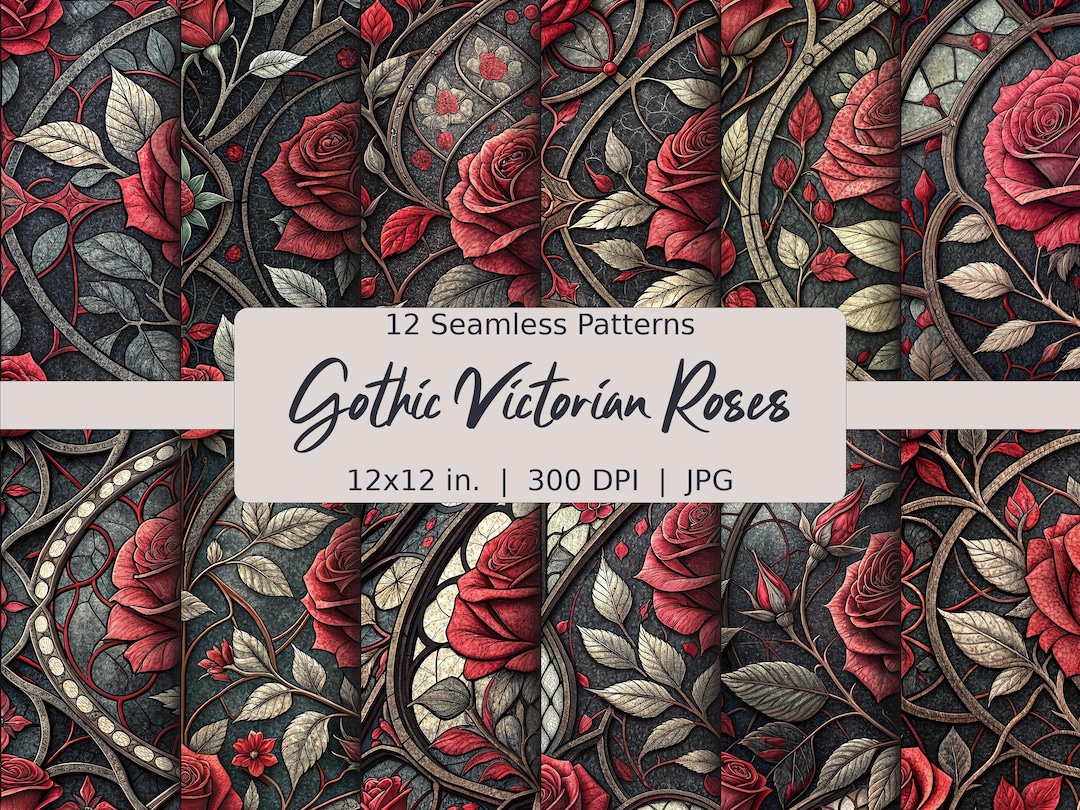 Gothic Rose Stained Glass Digital Pattern Bundle, Dark Red Victorian ...