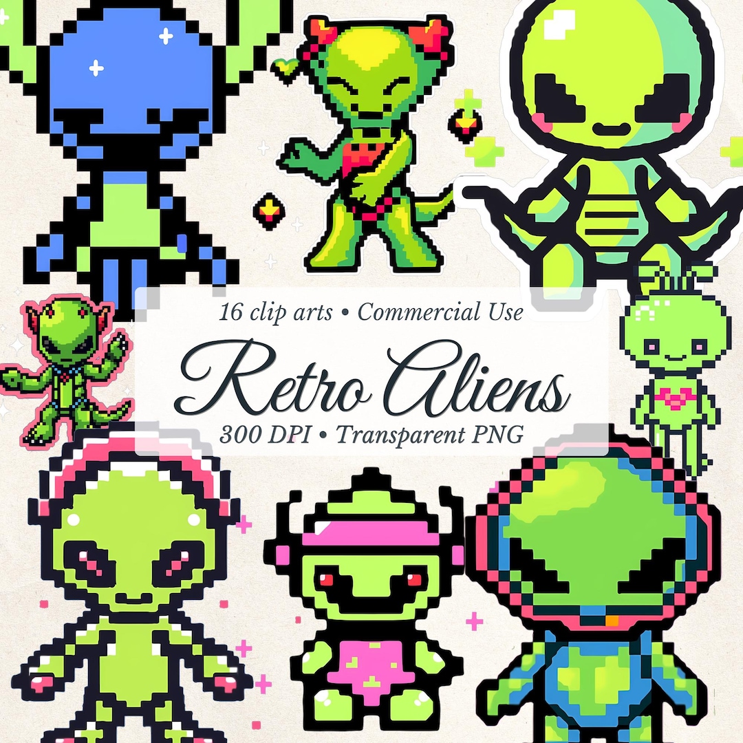 Retro Alien Clipart Set, Pixel Art Alien Graphics, Cute Space Invader ...