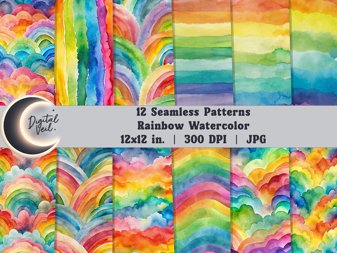 Vibrant Rainbow Watercolor Digital Papers 12 Seamless Patterns 12x12 ...
