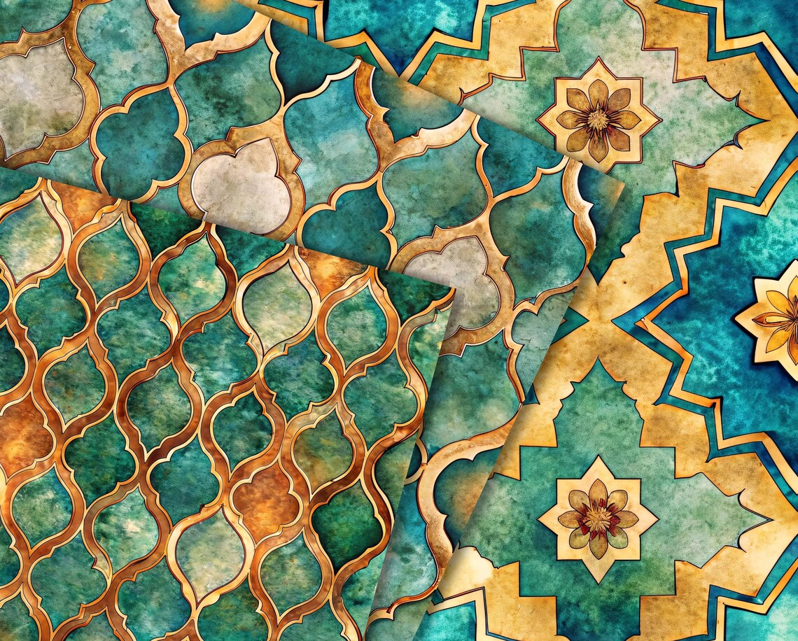 Teal & Gold Moroccan Tile Digital Paper: Seamless Watercolor Patterns ...