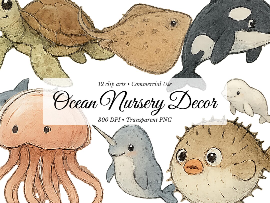 Ocean Animals Clipart, Cute Sea Creature Digital Art, Whimsical Nursery ...