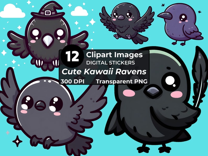 Kawaii Ravens Clipart, High-quality Digital & Print 12 Crow Cliparts ...