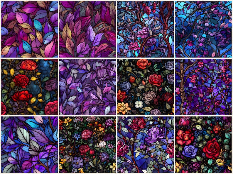 Purple Floral Stained Glass Patterns, Gothic (12x12 Inch JPG Digital ...