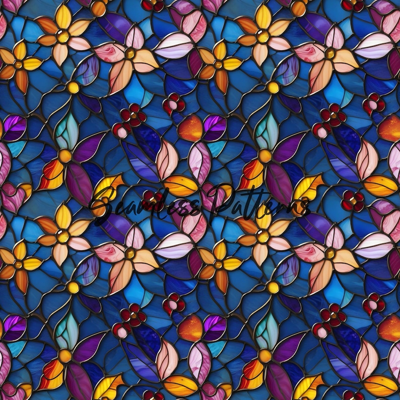 Floral Stained Glass Patterns: 12 Seamless Designs (JPG Digital ...