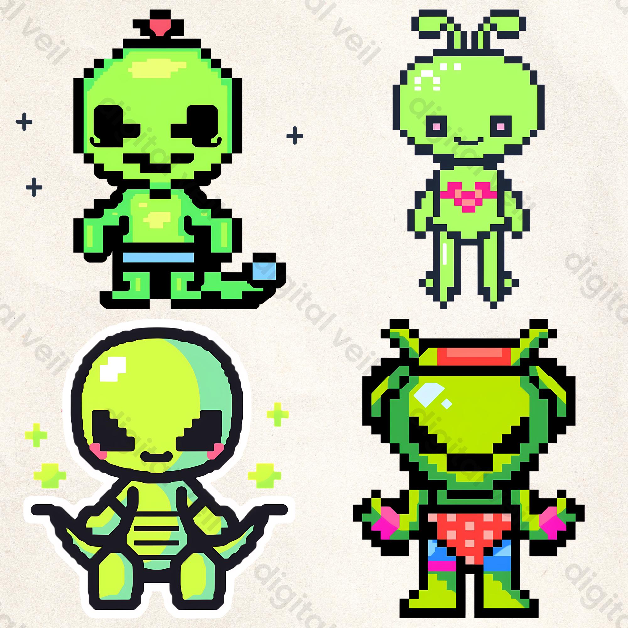 Retro Alien Clipart: Kawaii Pixel Art Graphics (16 Transparent Pngs ...