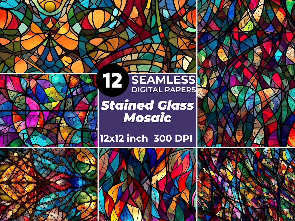 Beautiful Stained Glass Seamless Patterns Digital Paper, Printable ...