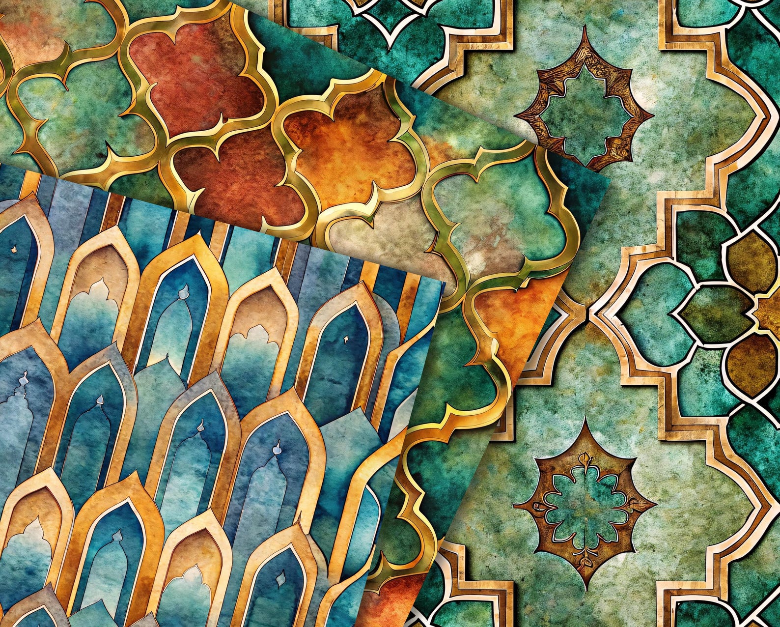 Teal & Gold Moroccan Tile Digital Paper: Seamless Watercolor Patterns ...
