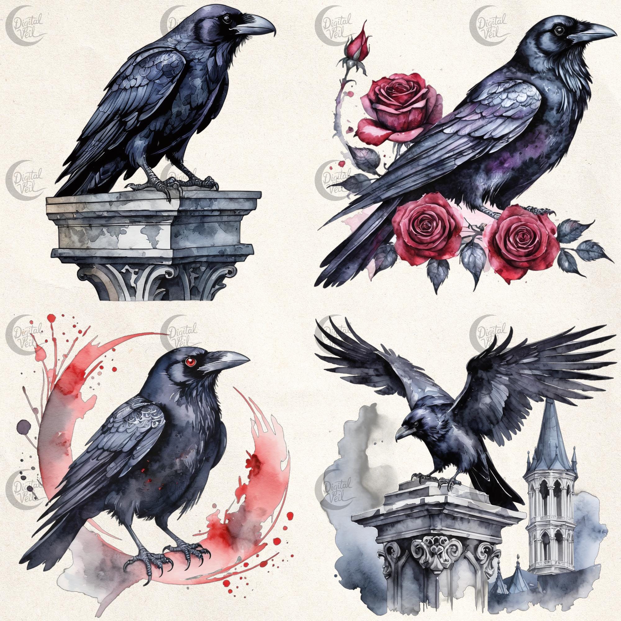 Gothic Raven Clipart, Dark Fantasy Crow PNG, Watercolor Moon Castle ...