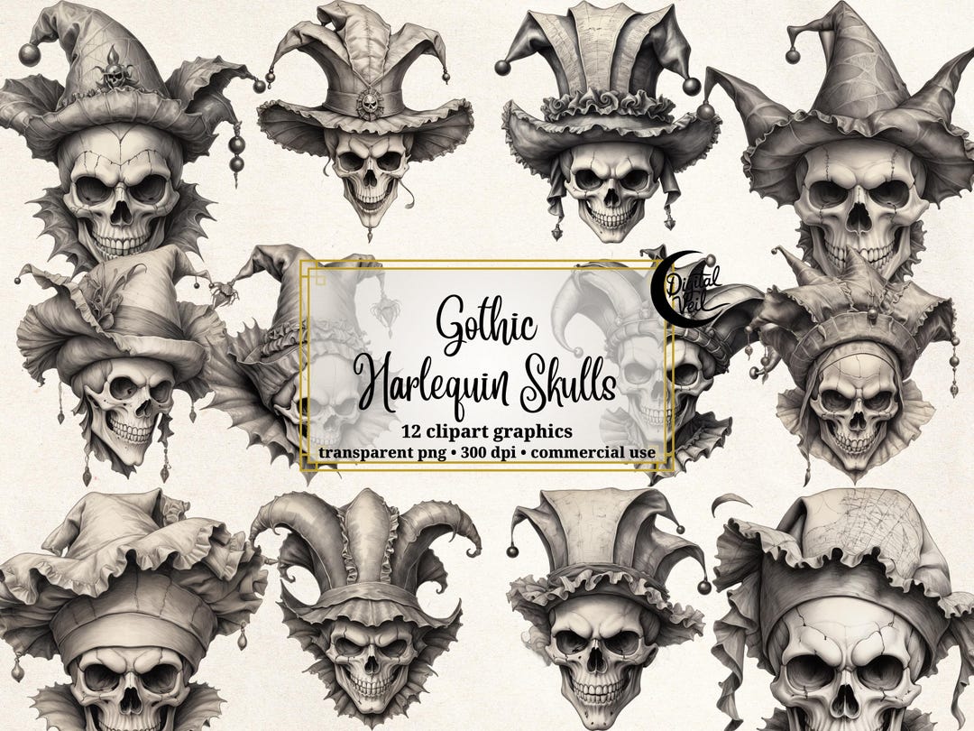 Gothic Jester Skull Clipart: Halloween Witch PNG Images (digital ...