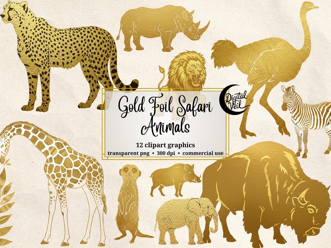 Gold Safari Animals Clipart: Metallic Wildlife PNG (digital Download ...
