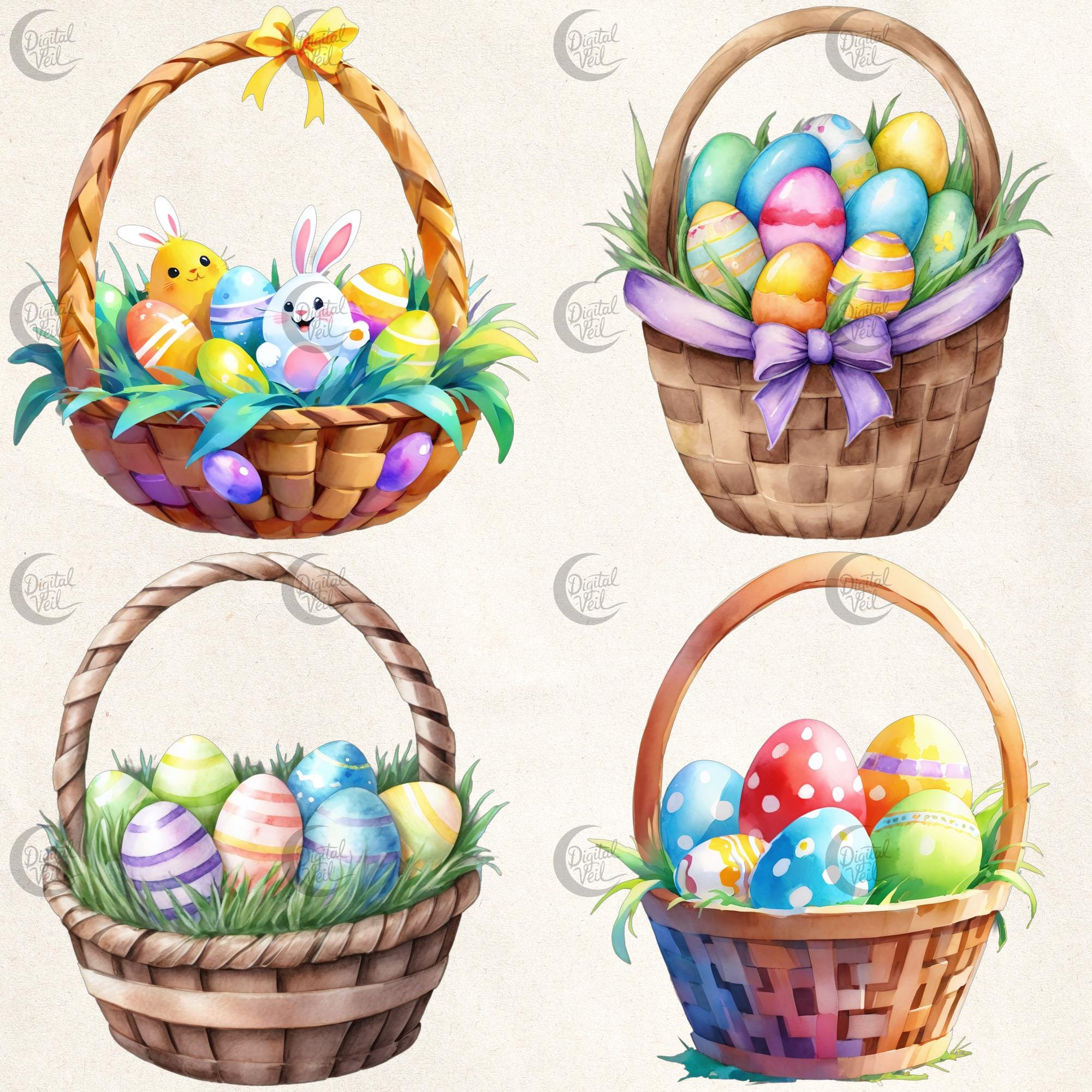 Watercolor Easter Basket Clipart: Bunny & Egg PNG (digital Download) - Etsy