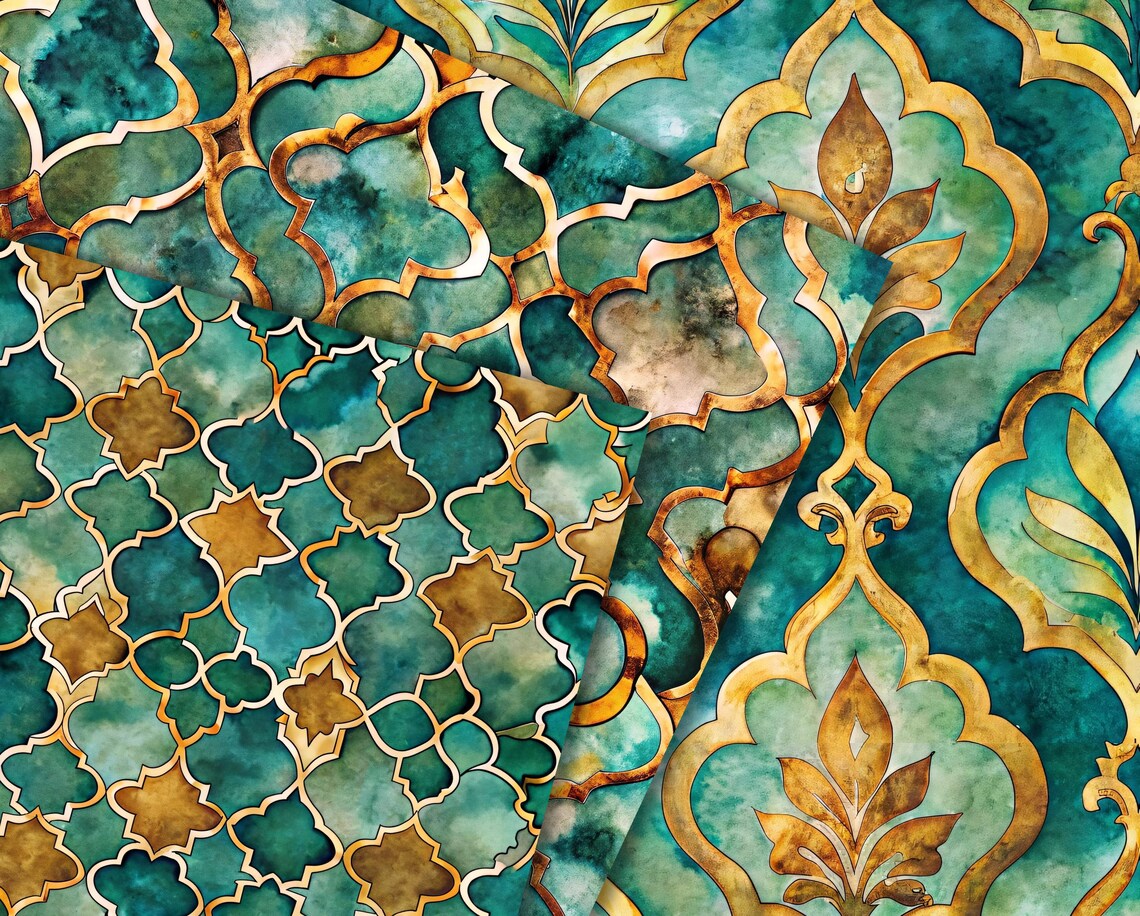 Teal & Gold Moroccan Tile Digital Paper: Seamless Watercolor Patterns ...