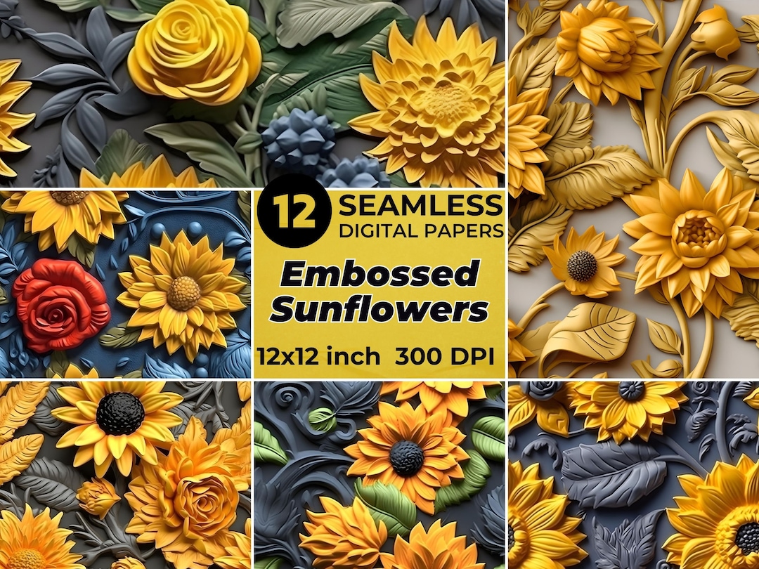 Embossed Sunflower Digital Papers - 12 Printable Seamless Tiled Papers ...