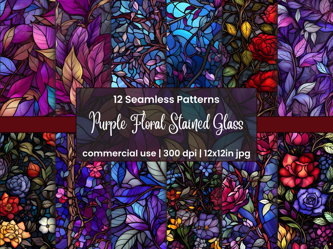 Purple Floral Stained Glass Patterns, Gothic (12x12 Inch JPG Digital ...