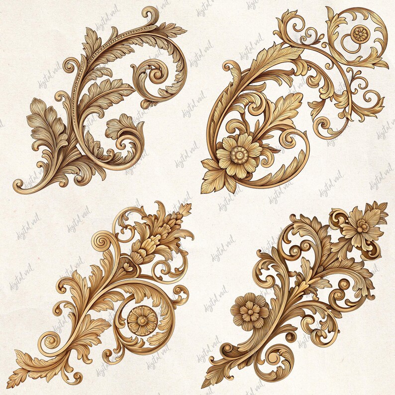 Wooden Rococo Clipart Set, Black and Gold Floral Ornament PNG, Vintage Scroll Designs, Luxury ...