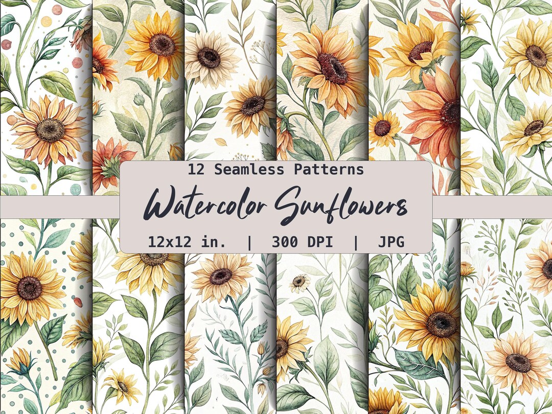 Watercolor Sunflower Digital Papers, Seamless Floral Pattern Bundle ...