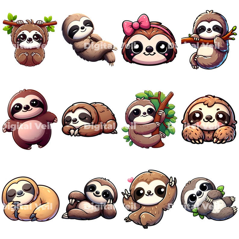 Adorable Sloth Clipart Set, 12 High-resolution PNG Digital Images Cute ...