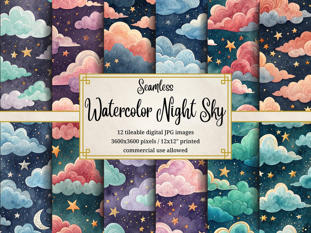 Watercolor Night Sky Digital Paper: Cloud & Star Patterns (digital ...